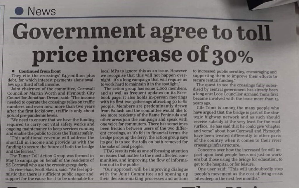 Cornish Times Front Page News - Tamar Toll Action Group